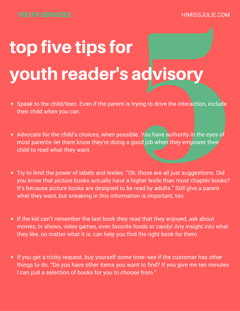 top 5 tips for youth reader’s advisory – Hi, Miss Julie